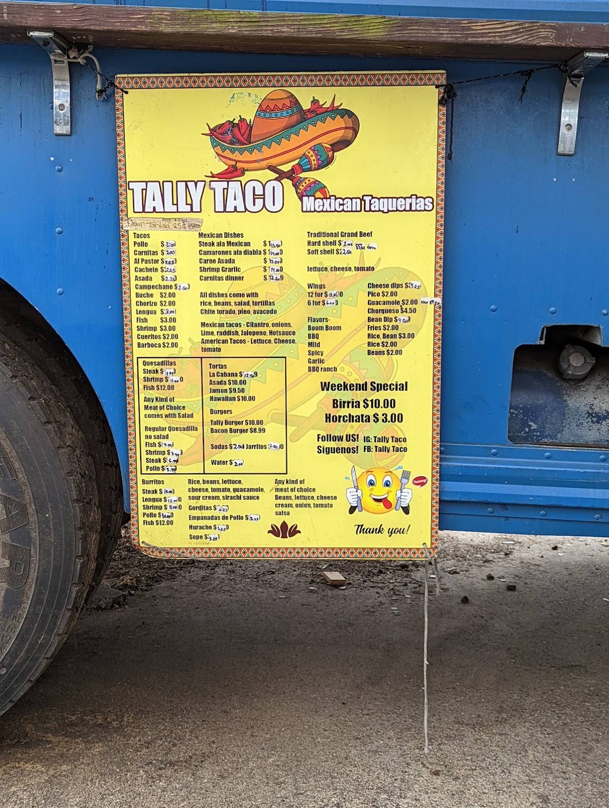 Menu at Tally Taco Food Truck restaurant, Tallahassee