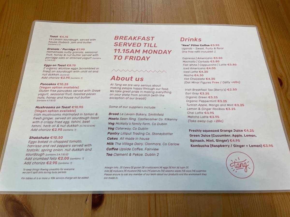 Menu at Tang (Cumberland Place) restaurant, Dublin