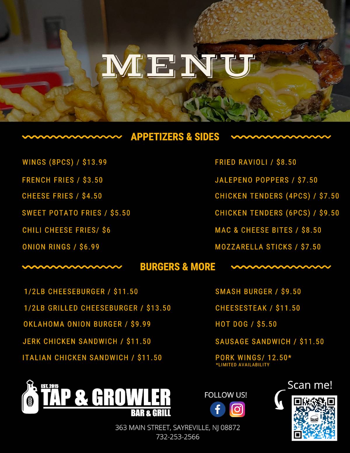 Menu at Tap And Growler Bar & Grill, Sayreville