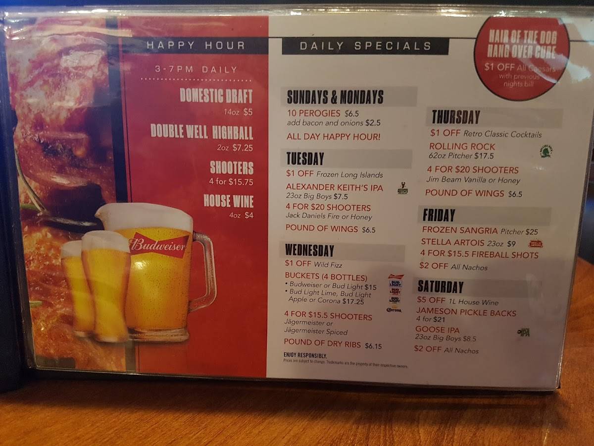 Menu at Tapp's Neighbourhood Pub, Winnipeg