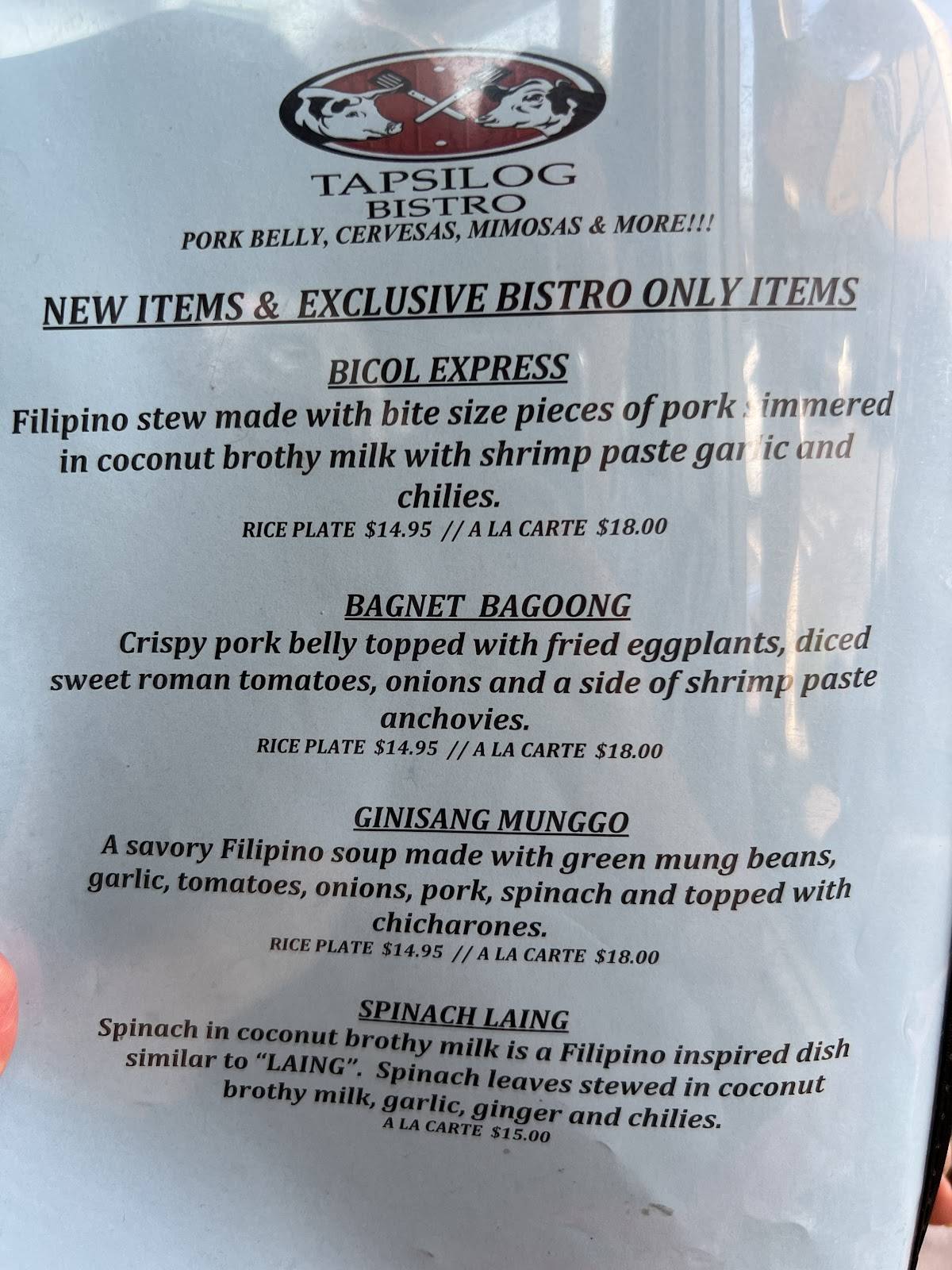 Menu at Tapsilog Bistro restaurant, Campbell, 819 W Hamilton Ave