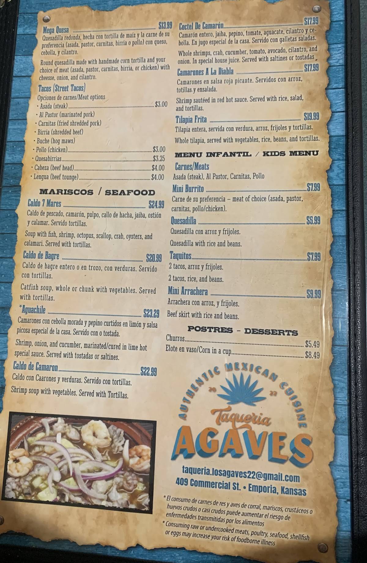 Menu at Taqueria Agaves restaurant, Emporia