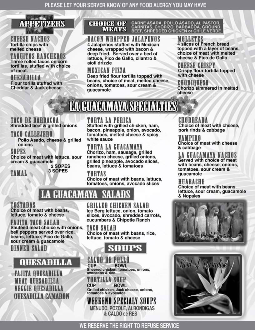 Menu at Taqueria La Guacamaya restaurant, Rogue River, Rogue River Hwy