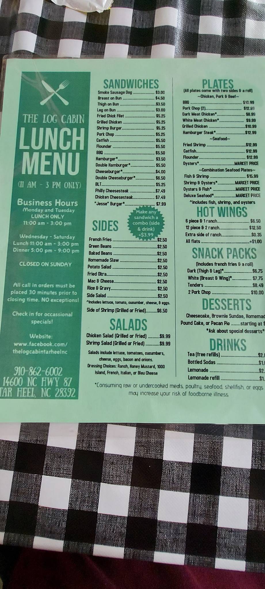 Menu at The Log Cabin Restaurant, Tar Heel