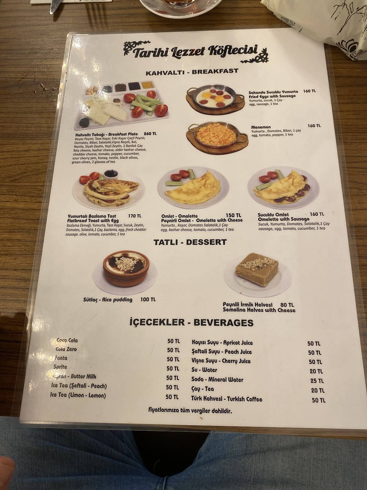 Menu au Tarihi Lezzet Köftecisi restaurant, Istanbul