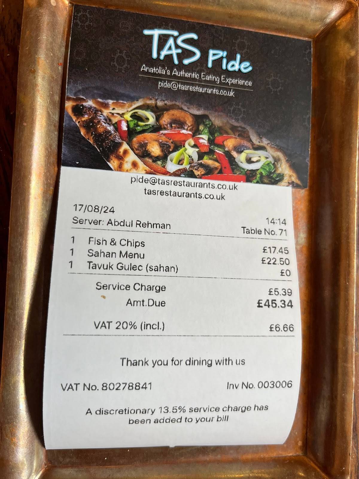 Menu at Tas Pide restaurant, London, 20-22 New Globe Walk