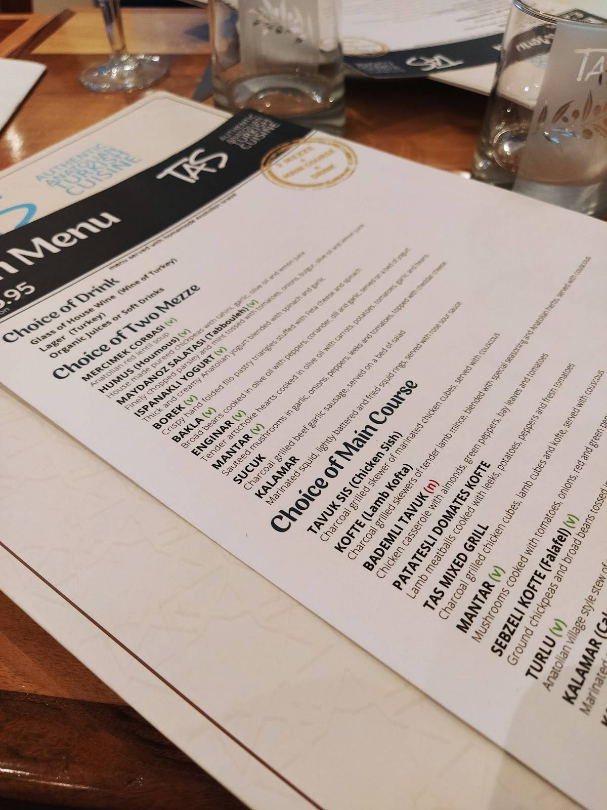 Menu at Tas Restaurant The Cut, London, 33 The Cut