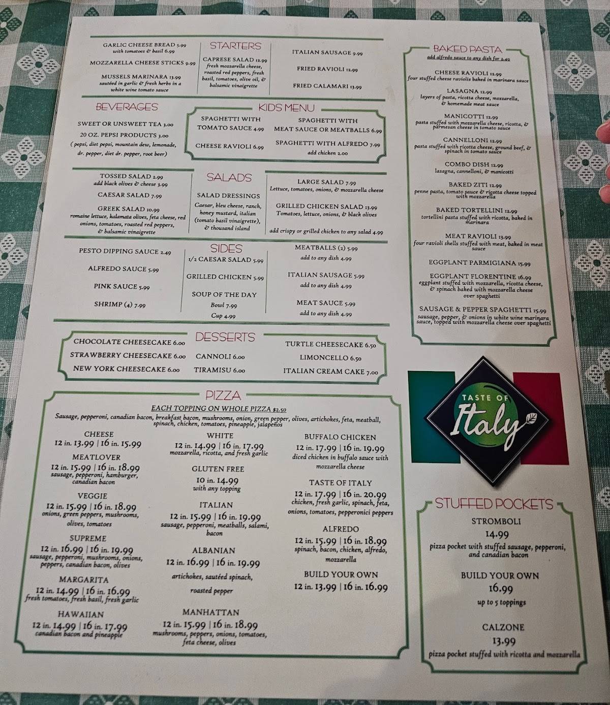 Menu at Taste of Italy restaurant, Carthage
