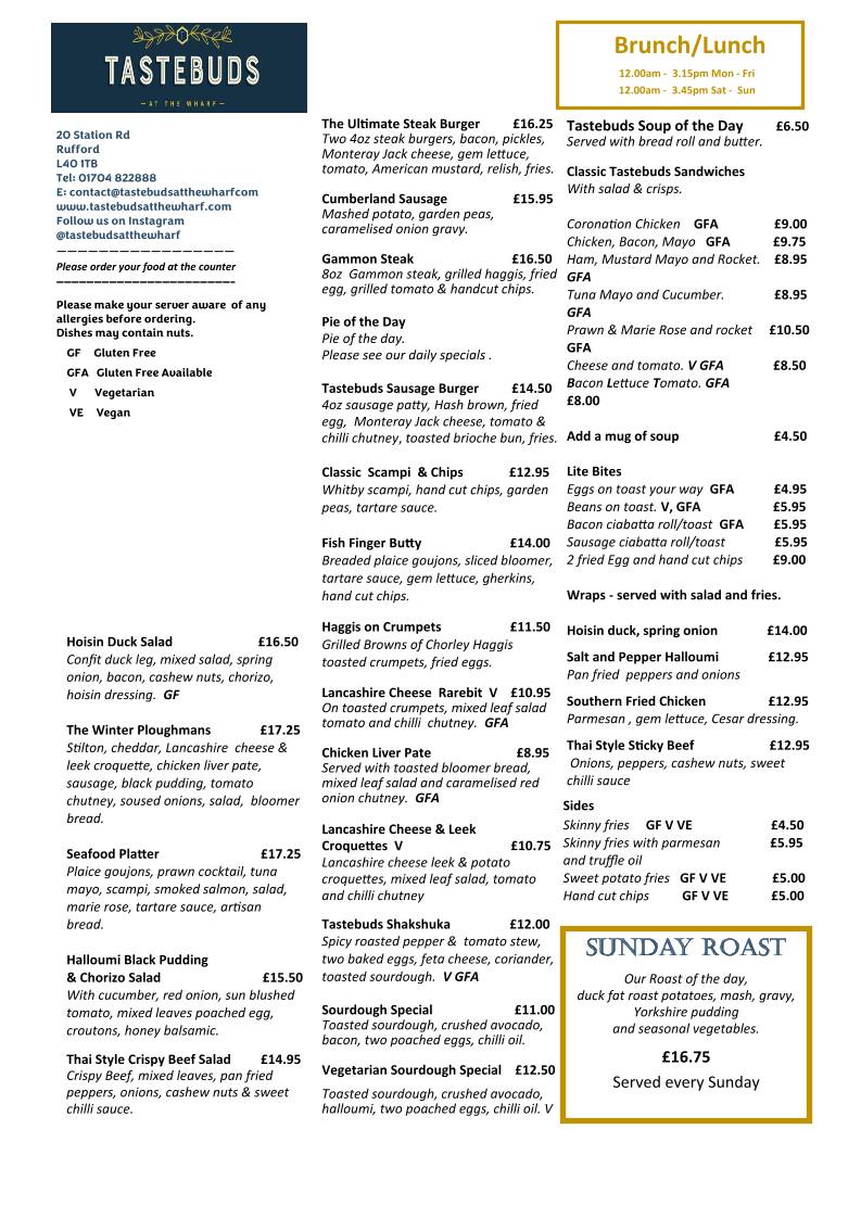 Menu at Tastebuds at the Wharf cafe, Rufford