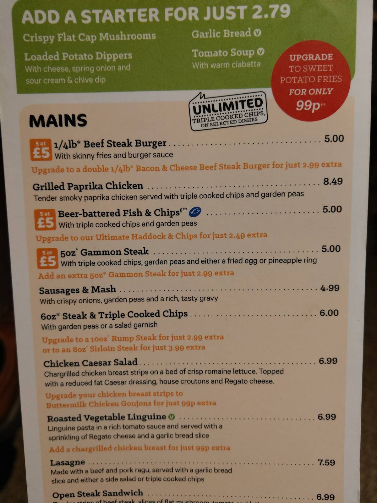 Menu at Tattenham Corner Beefeater restaurant, Epsom, Epsom Downs