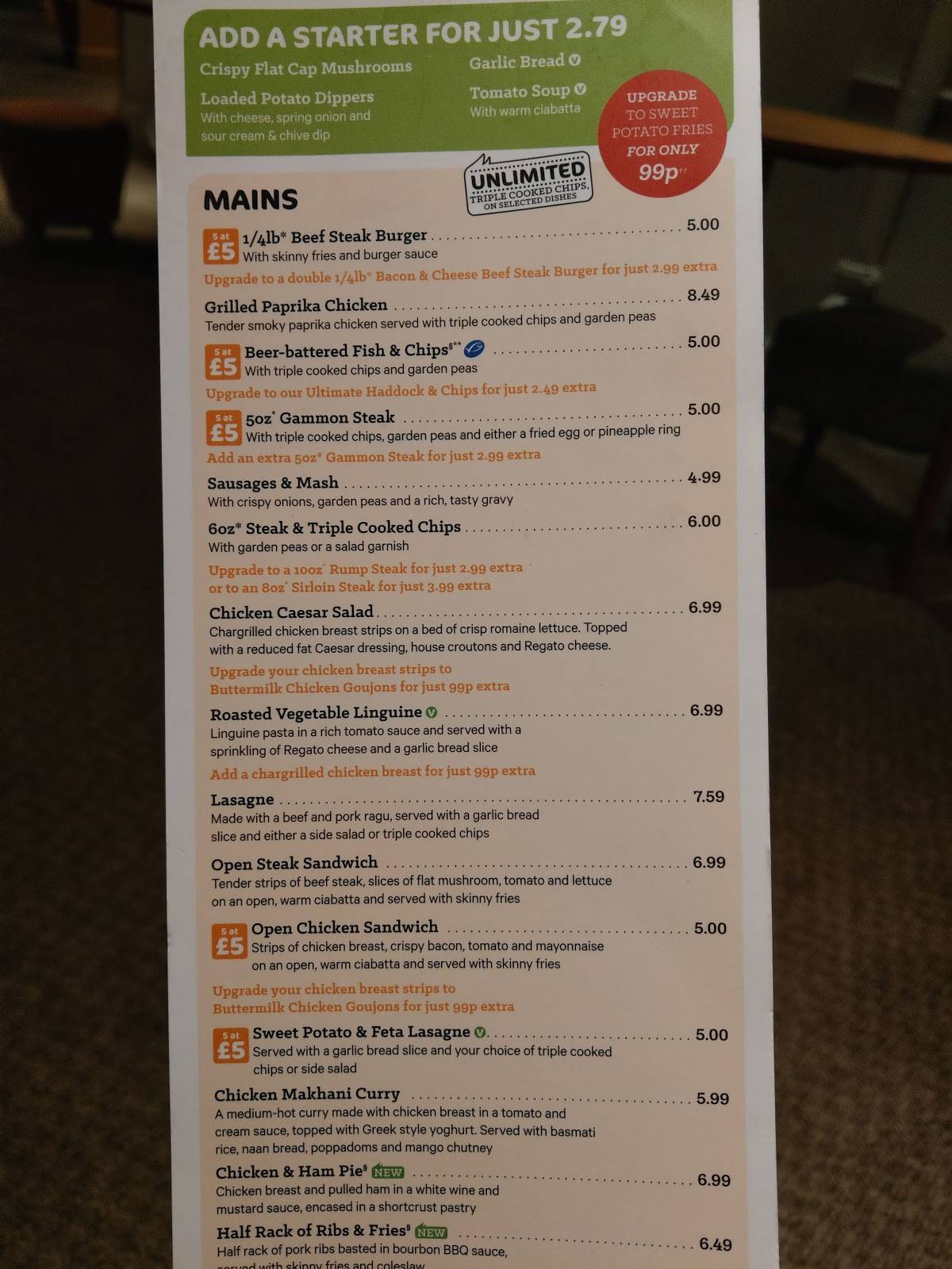 Menu at Tattenham Corner Beefeater restaurant, Epsom, Epsom Downs