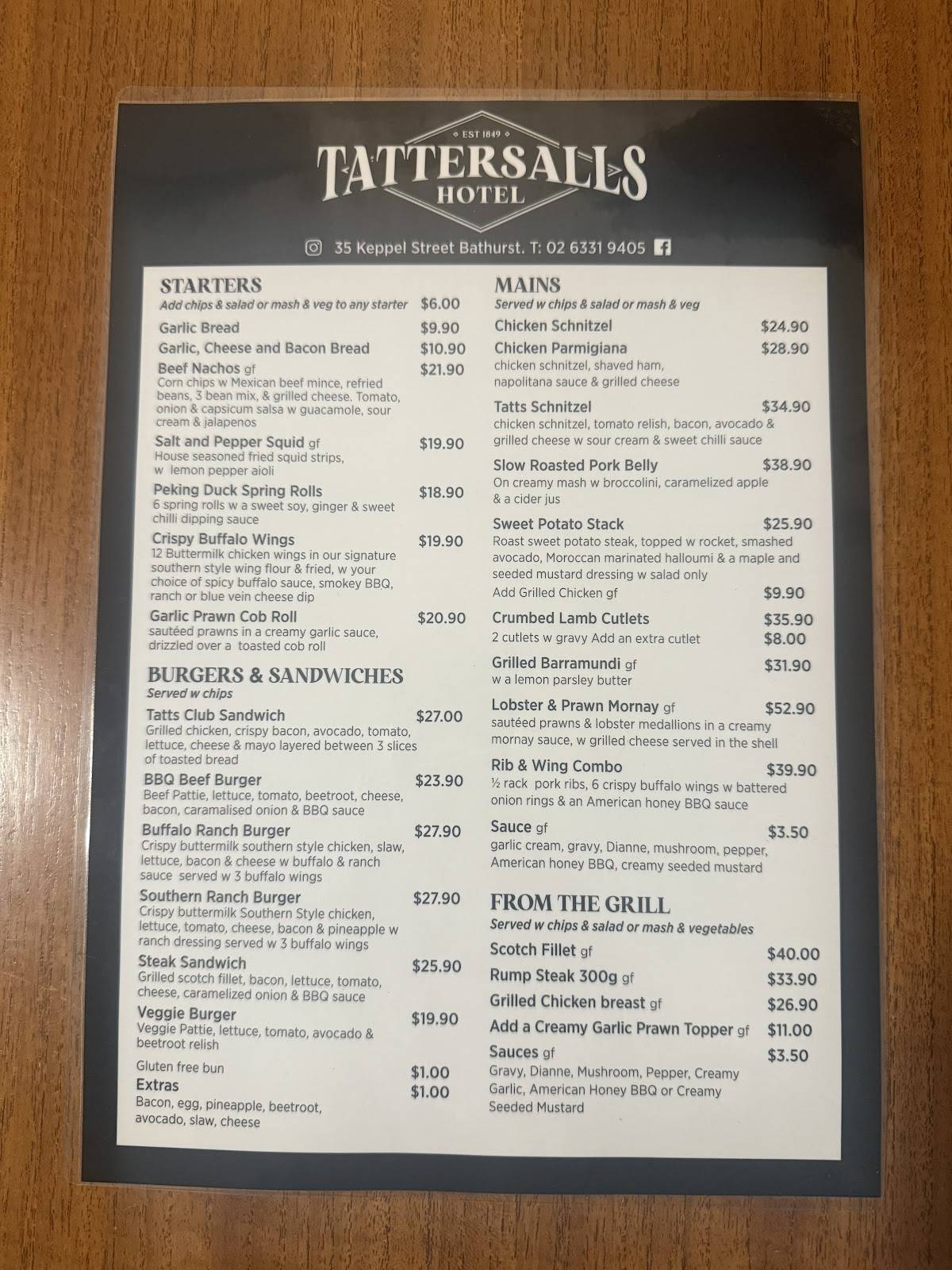 Menu at Tattersalls Hotel pub & bar, Bathurst