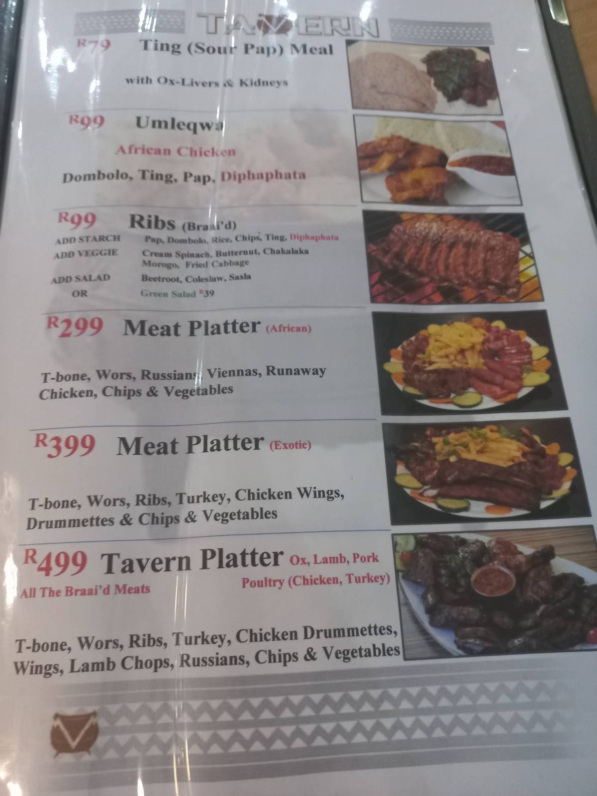 Menu at Tavern Restaurant, Soweto, Chris Hani Rd