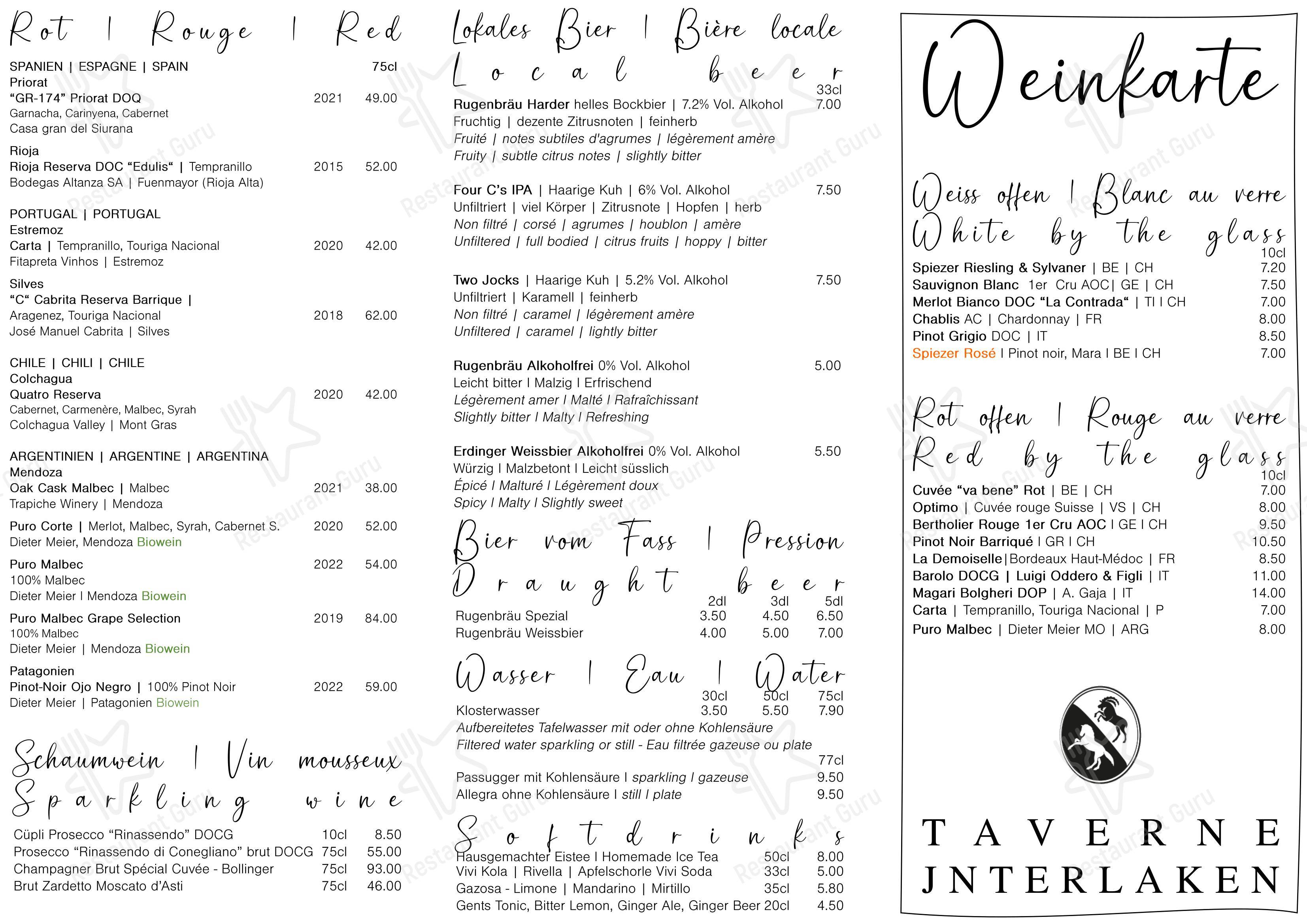 Speisekarte von Restaurant Taverne, Interlaken