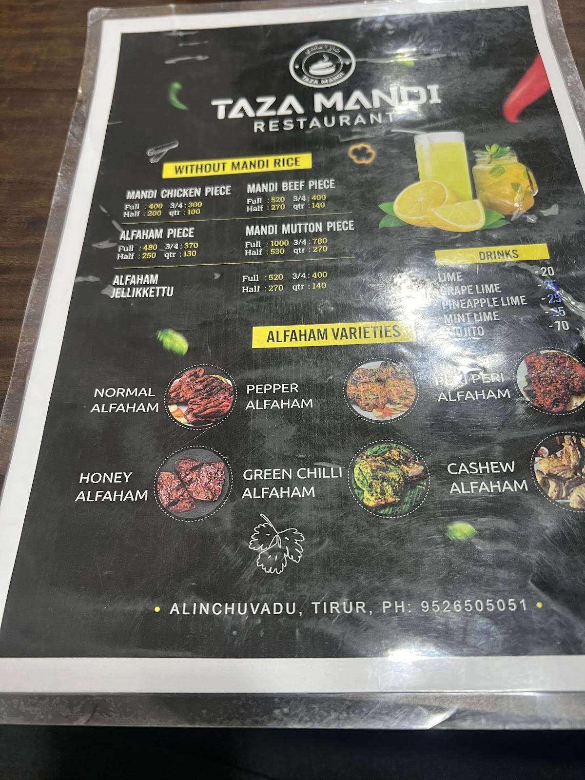 Menu at Taza Mandi, Tirur