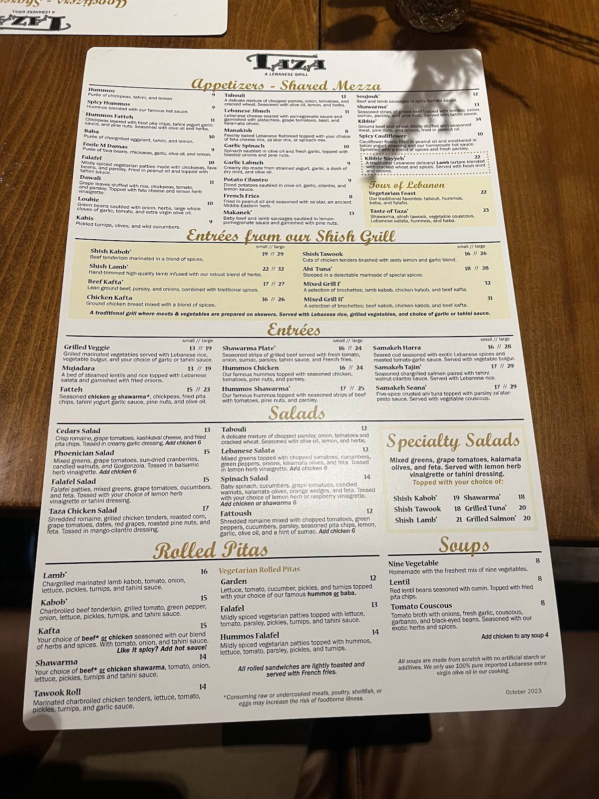 Menu at Taza - a Lebanese Grill restaurant, Cleveland, W 6th St