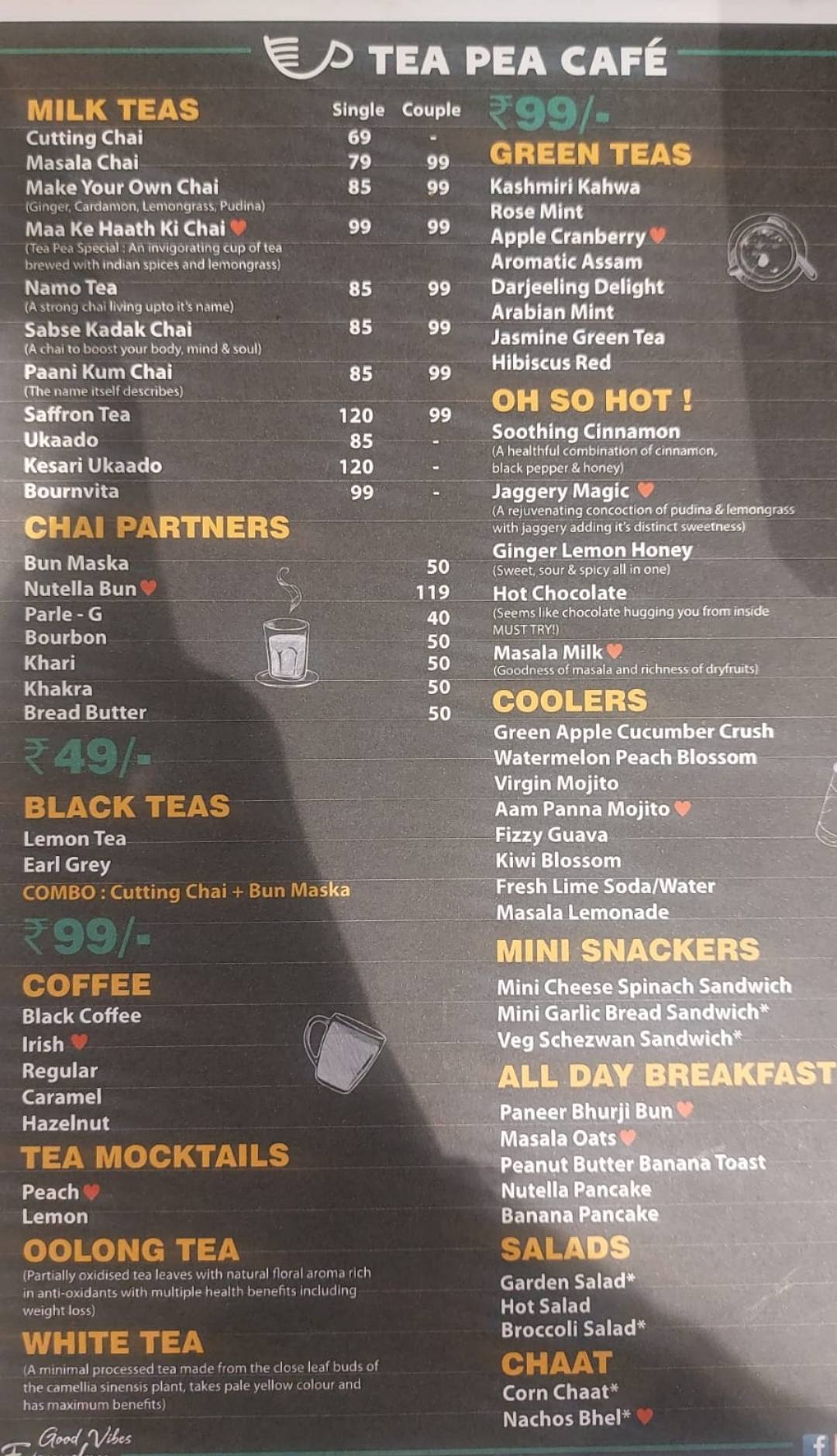 Menu at Tea Pea Café, Ahmedabad