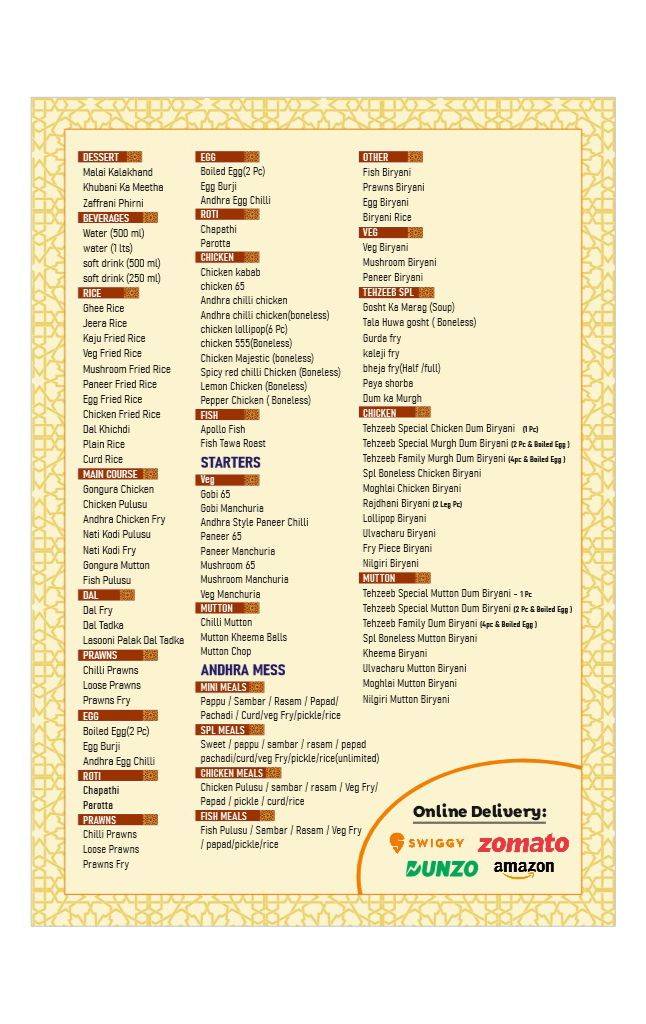 Menu at Tehzeeb -Asli Hyderabadi, Bengaluru