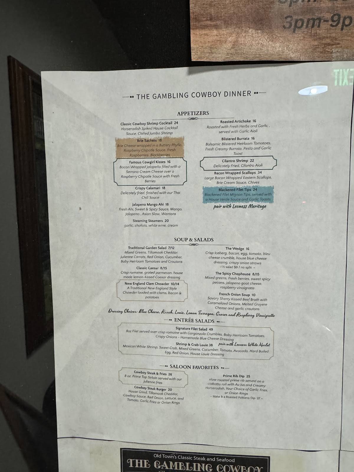 Menu at The Gambling Cowboy steakhouse, Temecula