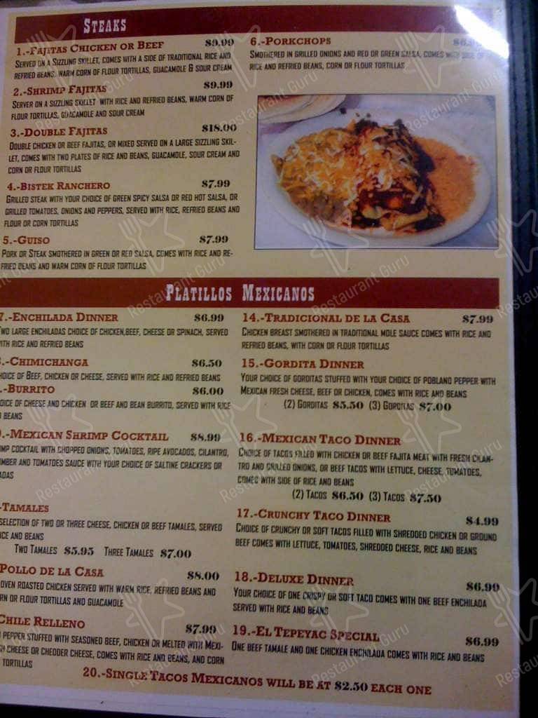 Menu at El Tepeyac restaurant, Blanchard, Veterans Memorial Hwy