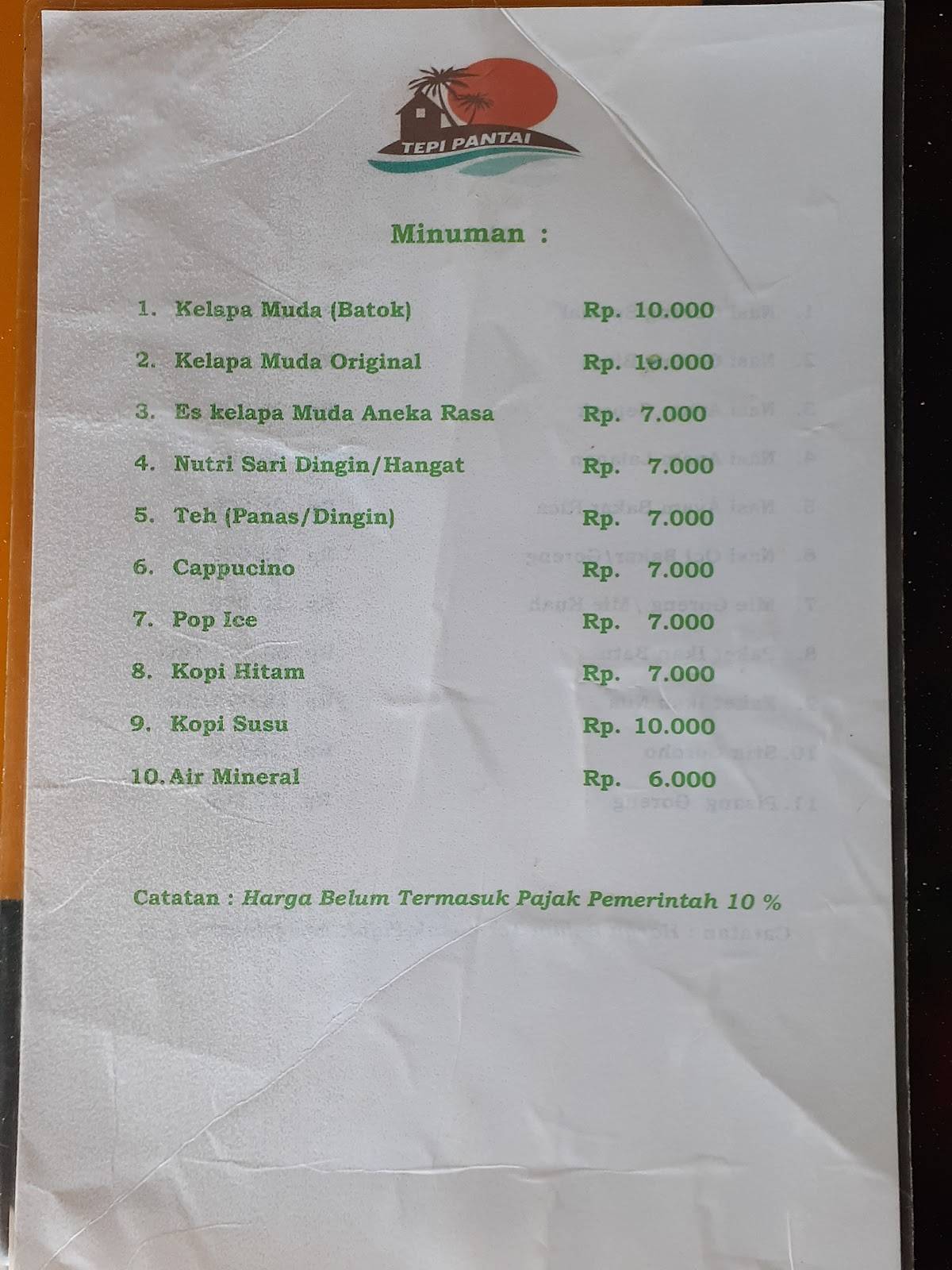 Menu at Tepi Pantai (My Little Kitchen) restaurant, Indonesia