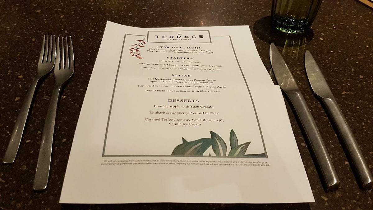 Menu at Terrace at The Dilly restaurant, London, 21 Piccadilly
