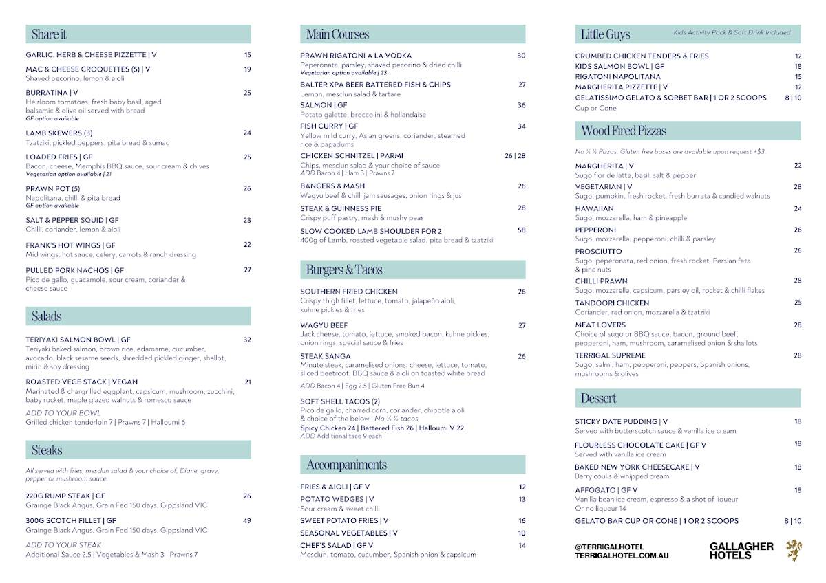Menu at Terrigal Hotel pub & bar, Terrigal, 176 Terrigal Dr