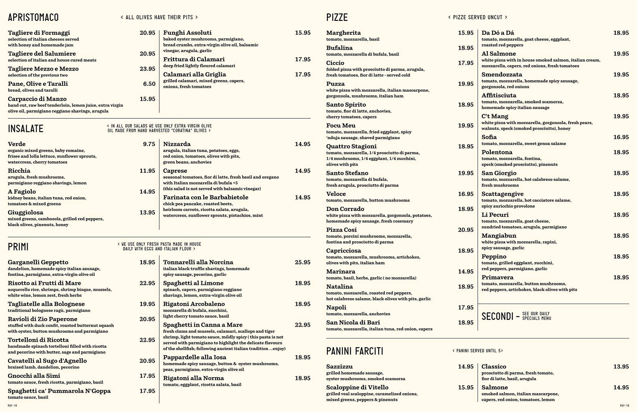 Menu at Terroni restaurant, Toronto, 57 Adelaide St E