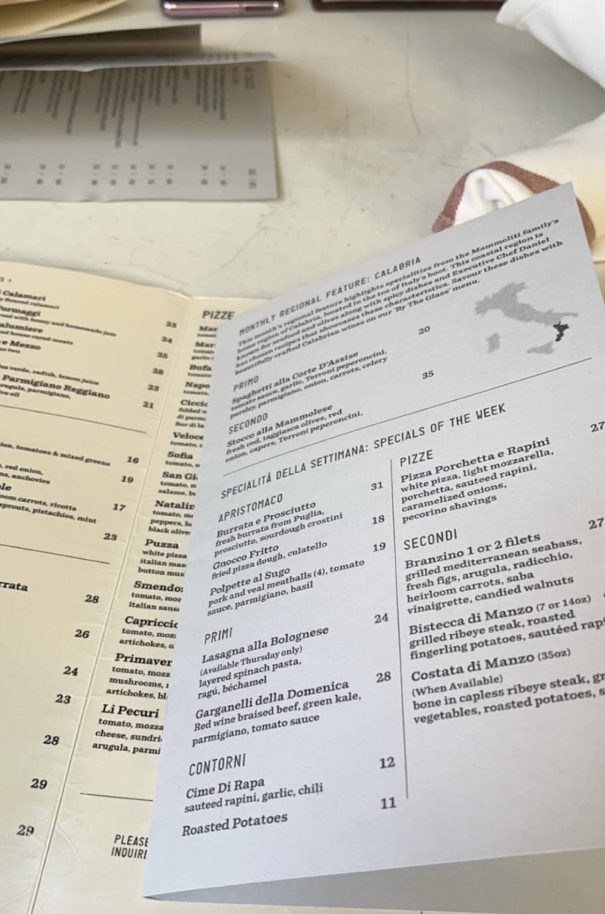 Menu at Terroni restaurant, Toronto, 57 Adelaide St E