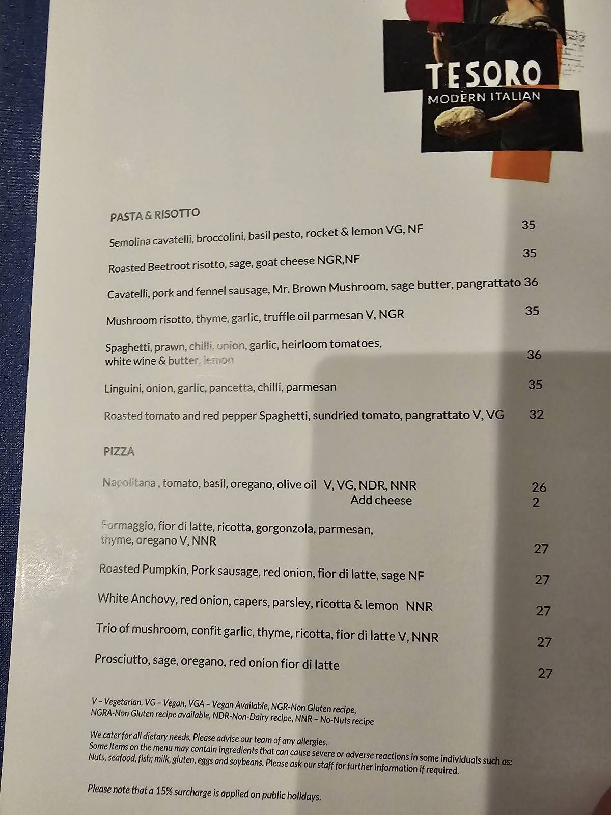 Menu at Tesoro restaurant, Hobart