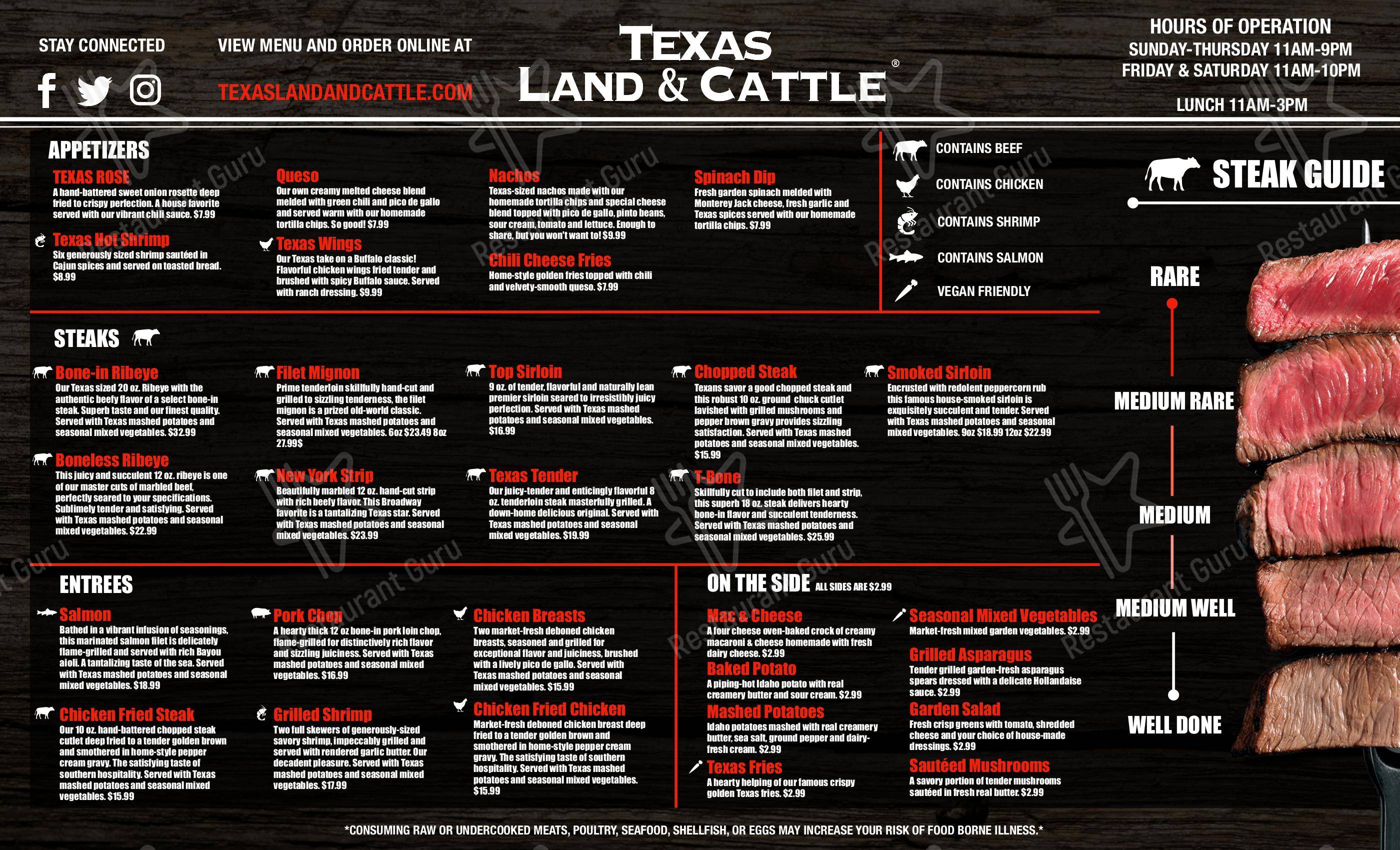 Menu at Texas Land & Cattle steakhouse, Austin, S I-35 Frontage Rd