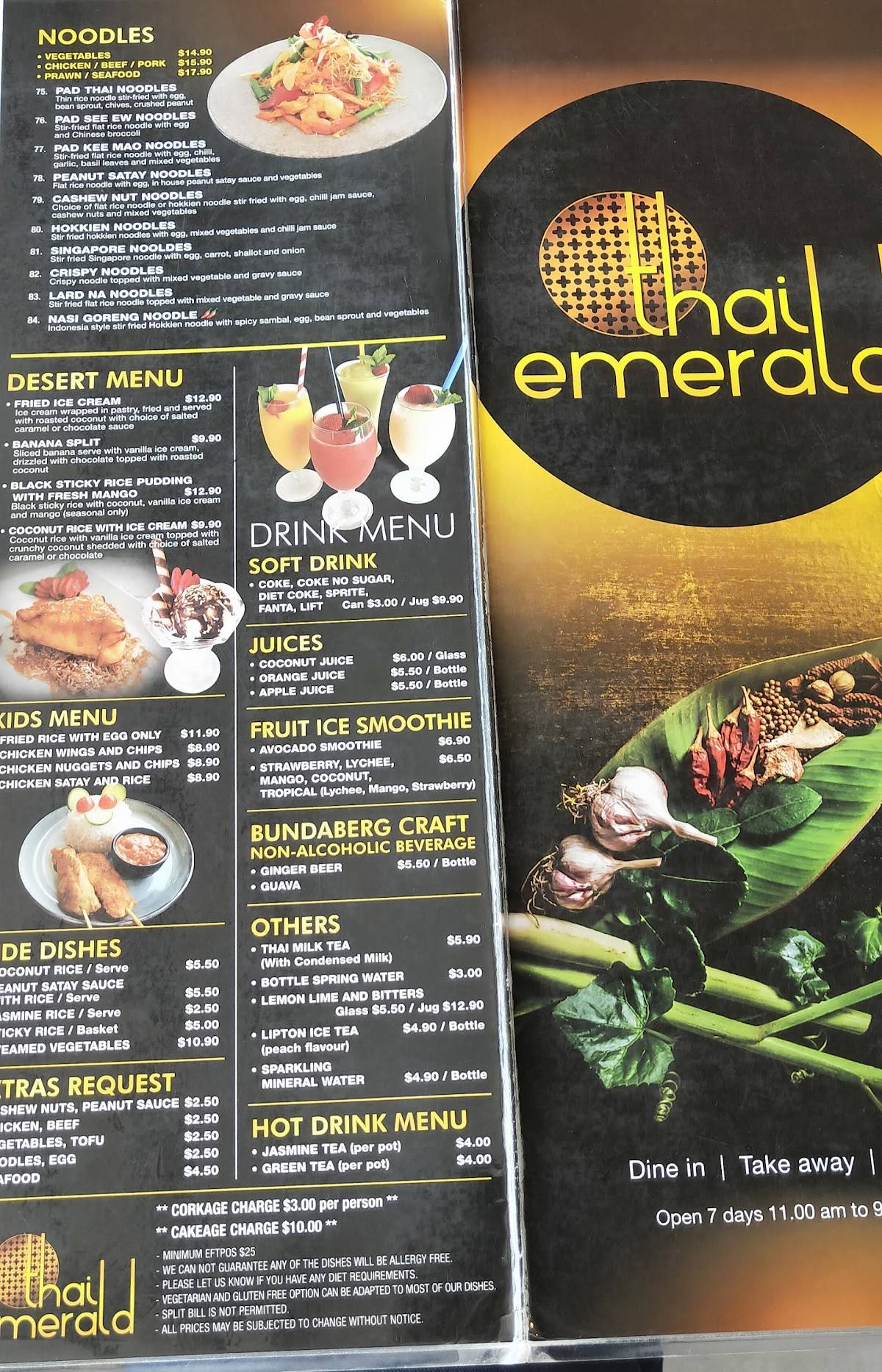 Menu at Thai Emerald restaurant, Leppington