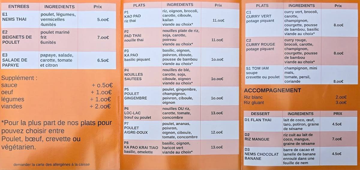 Menu au Thai Food of Surin restaurant, Viry-Châtillon