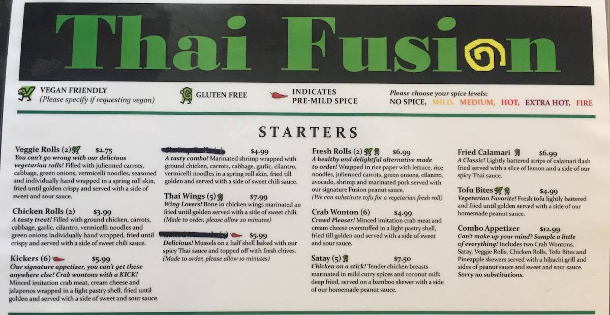 Menu at Thai Fusion restaurant, Kentwood, Broadmoor Ave SE