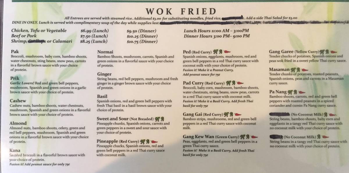 Menu at Thai Fusion restaurant, Kentwood, Broadmoor Ave SE