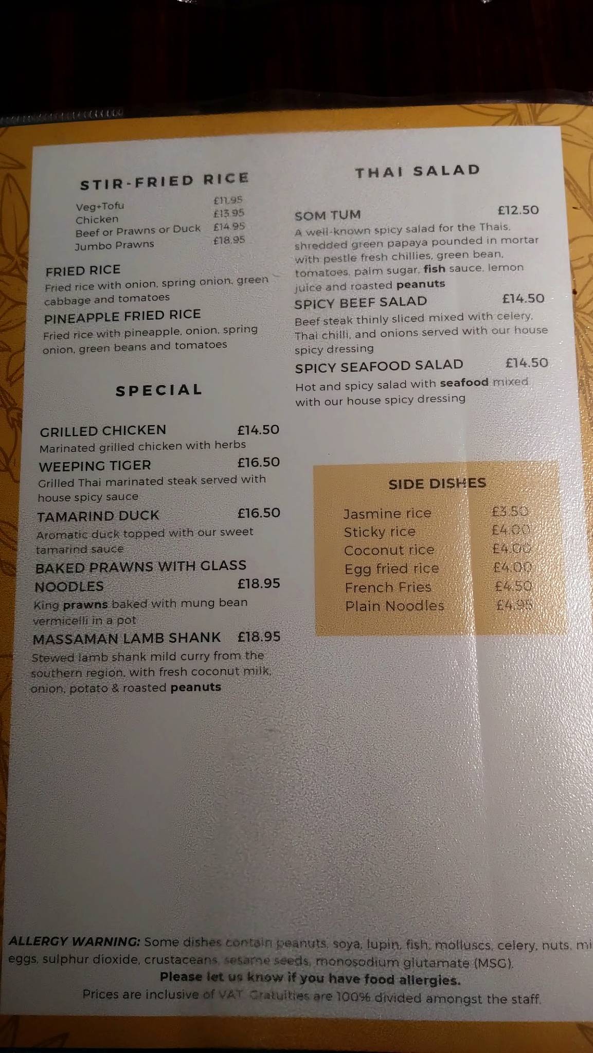 Menu at Thai Lemon restaurant, Pinner