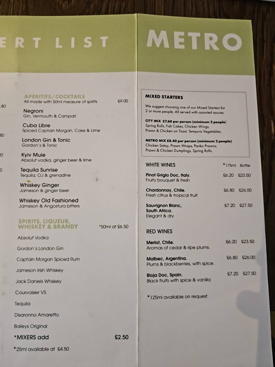 Menu at Thai Metro restaurant, London
