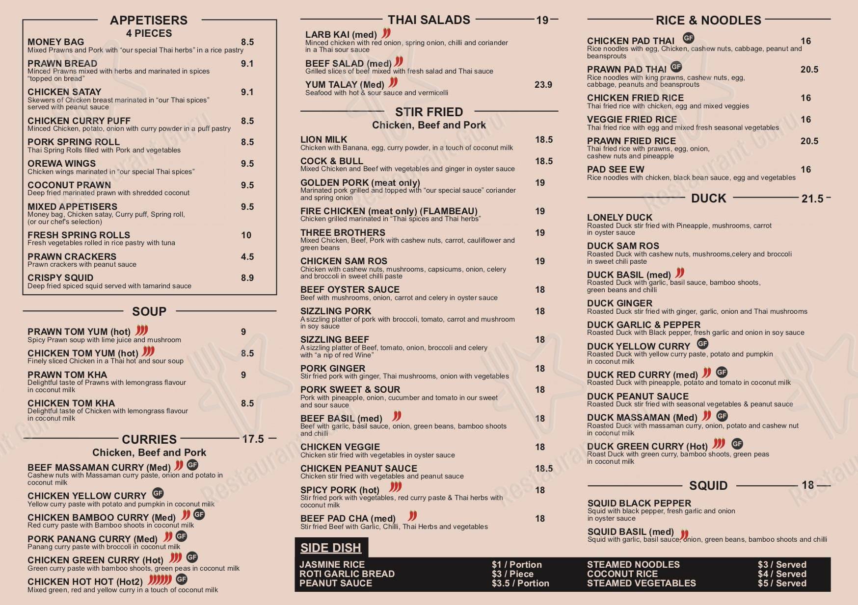 Menu at Thai Orewa Restaurant, Orewa, 328 Hibiscus Coast Hwy