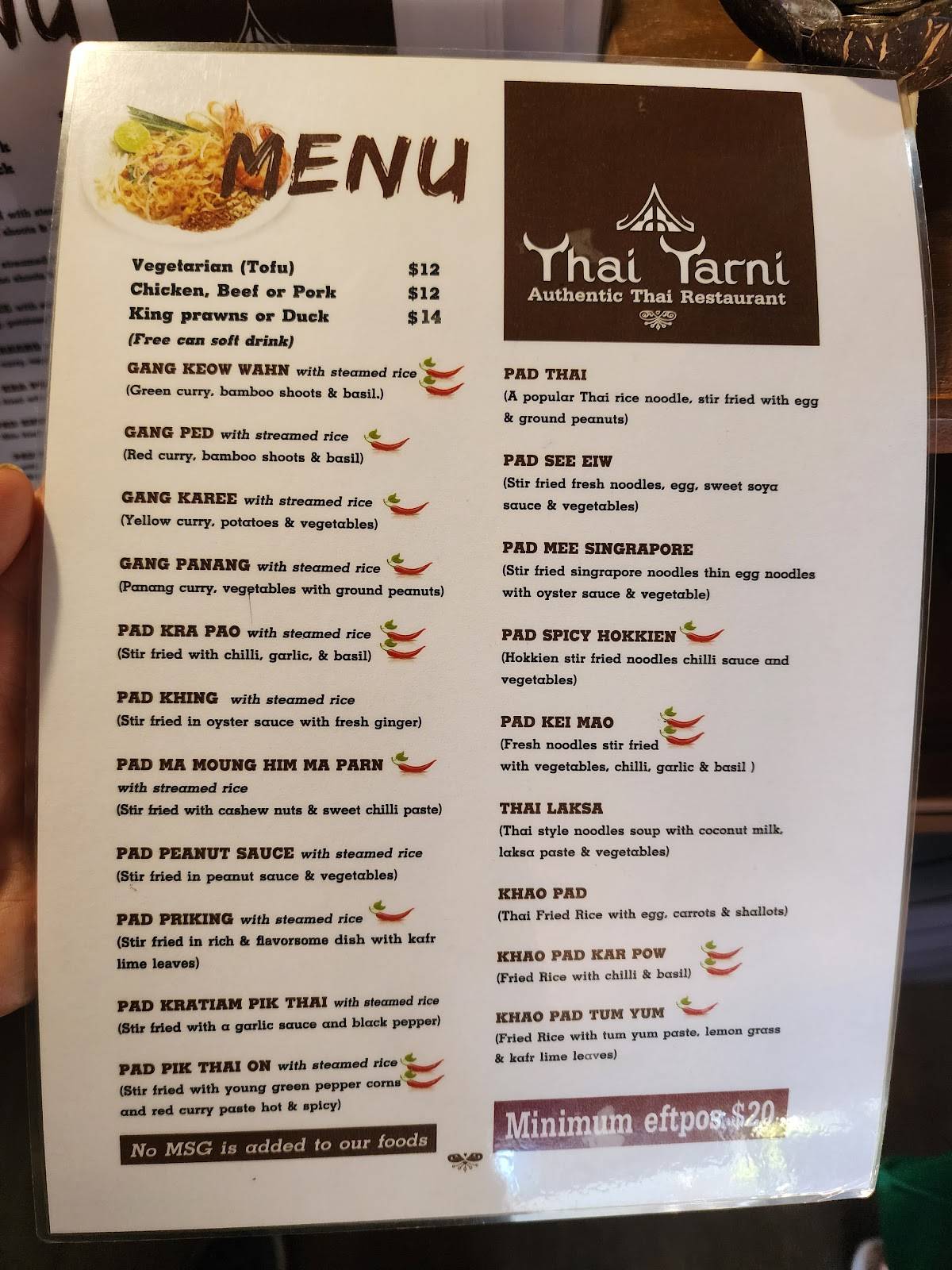 Menu at Thai Tarni Restaurant, Taree