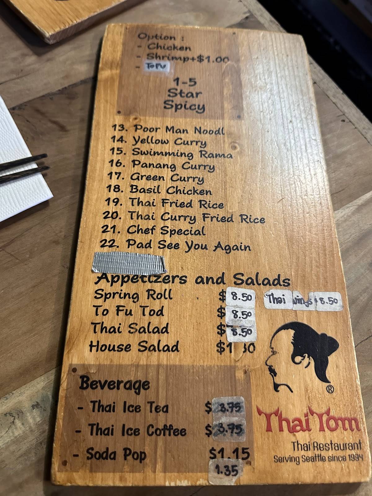 Menu at Thai Tom restaurant, Seattle