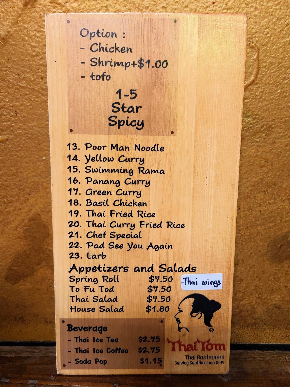 Menu at Thai Tom restaurant, Seattle