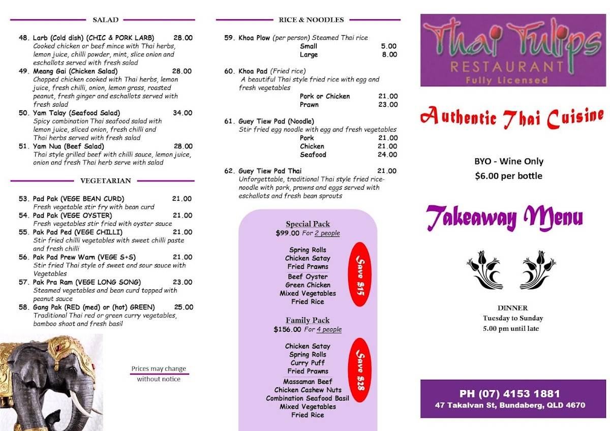Menu at Thai Tulips Restaurant, Bundaberg West