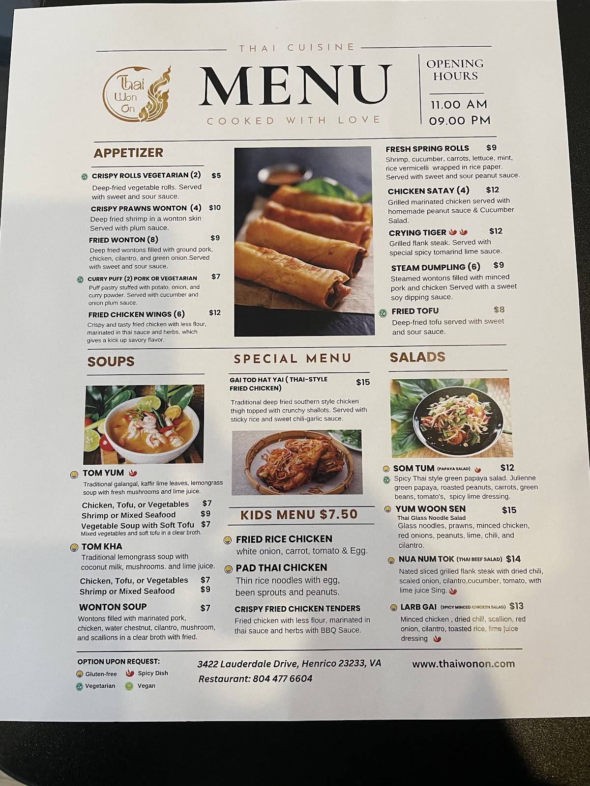 Menu at Thai Won On restaurant, Richmond