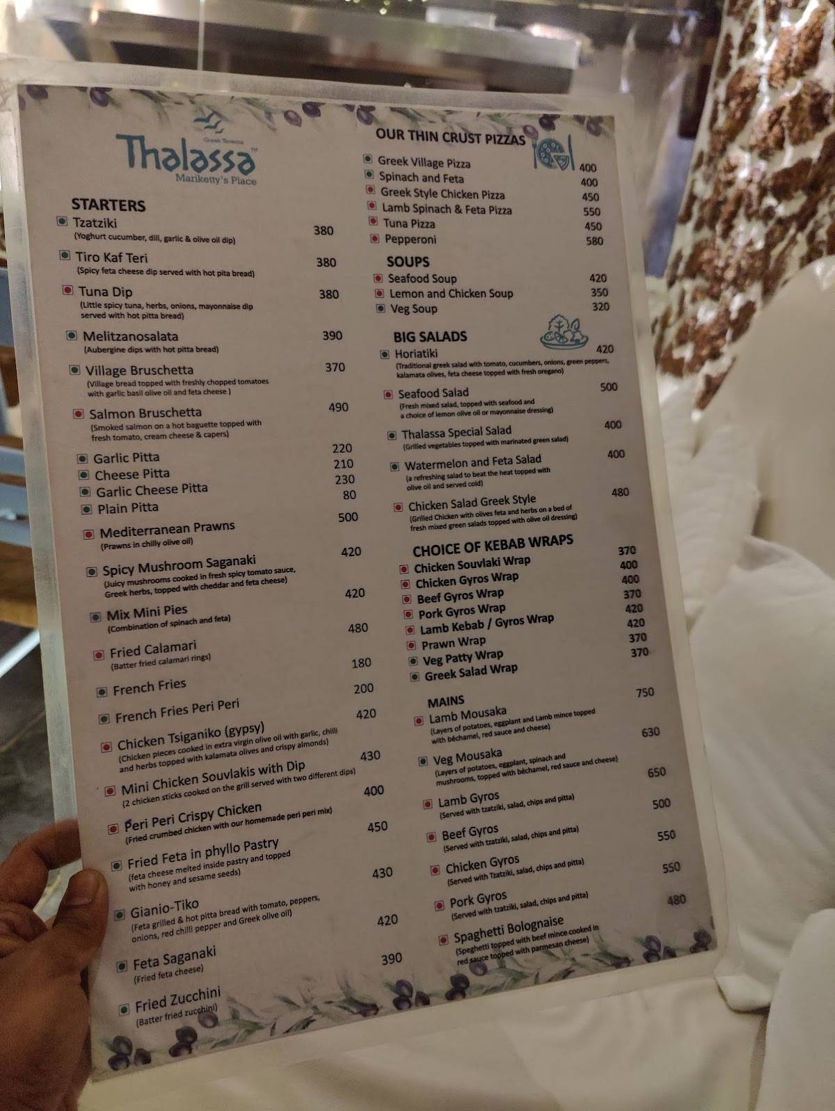 Menu at Thalassa Greek Taverna, Panaji