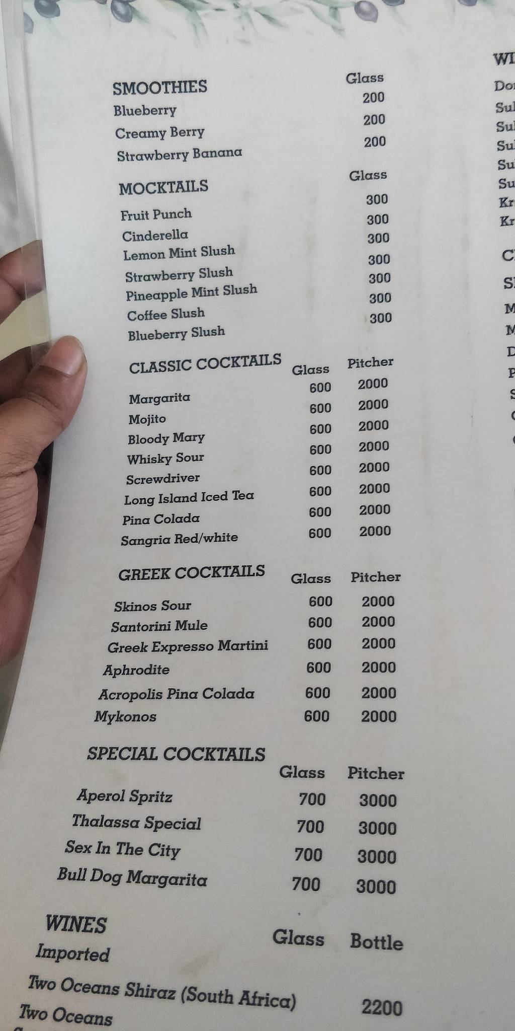 Menu at Thalassa Greek Taverna, Panaji