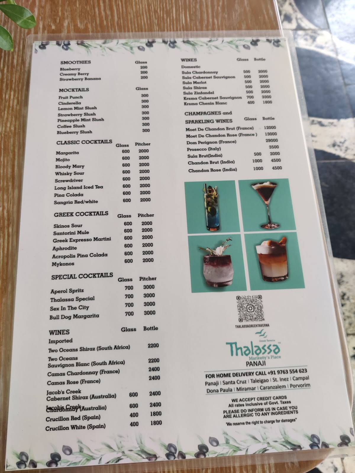 Menu at Thalassa Greek Taverna, Panaji