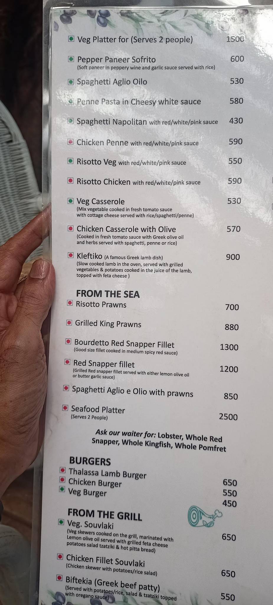 Menu at Thalassa Greek Taverna, Panaji