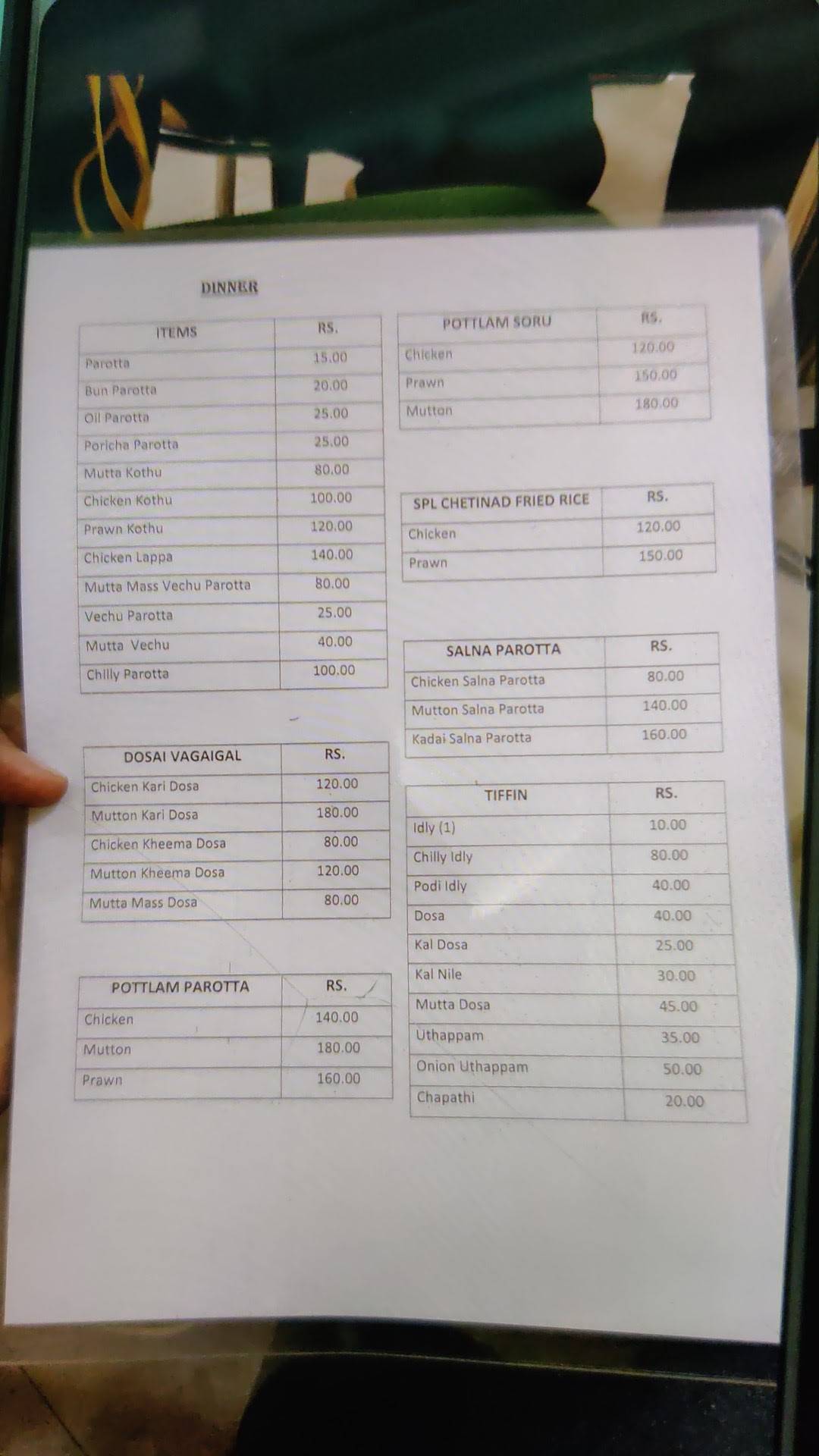 Menu at Tharagai mess, Chennai