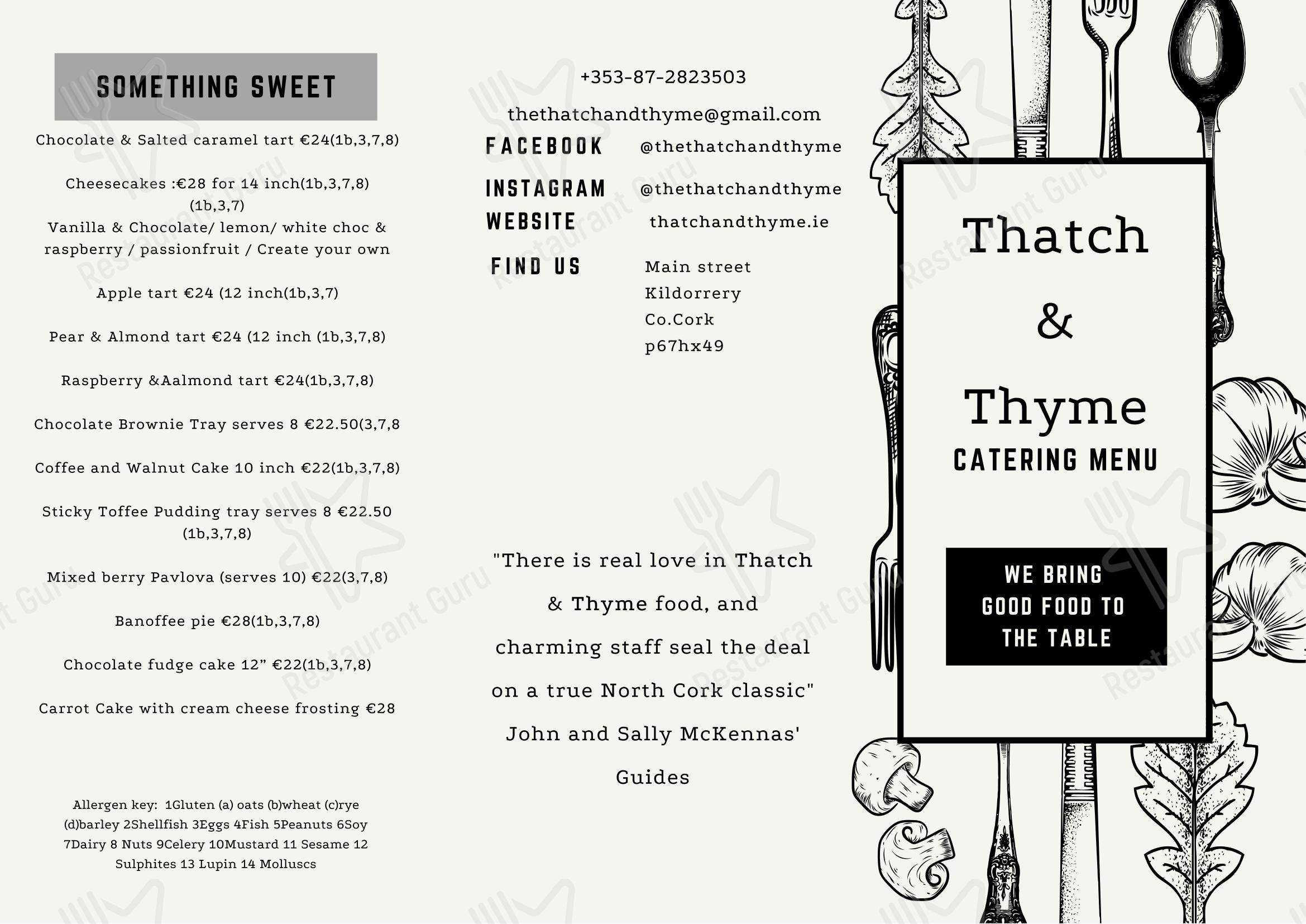 Menu at Thatch and Thyme restaurant, Kildorrery
