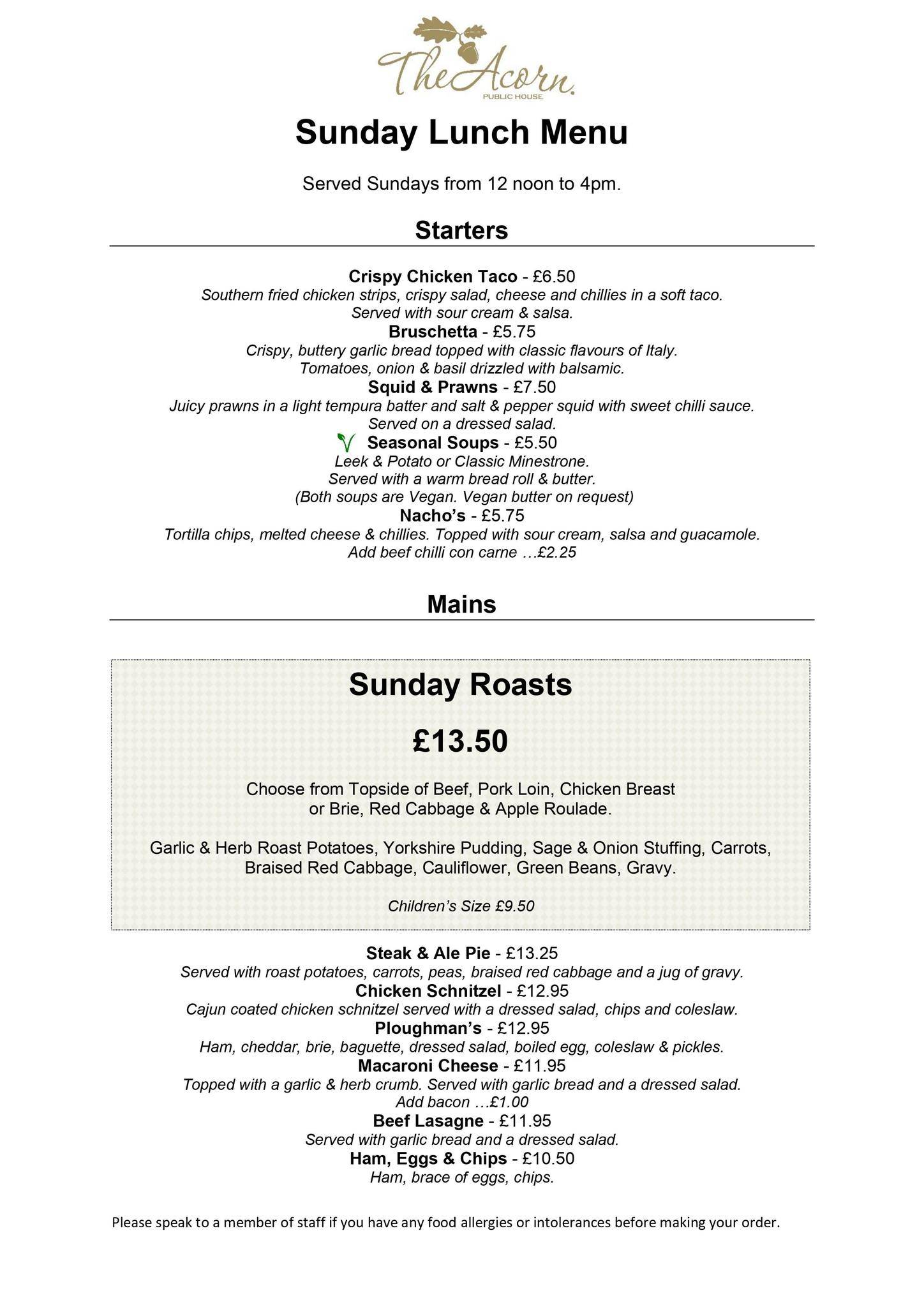 Menu at The Acorn pub & bar, Poole